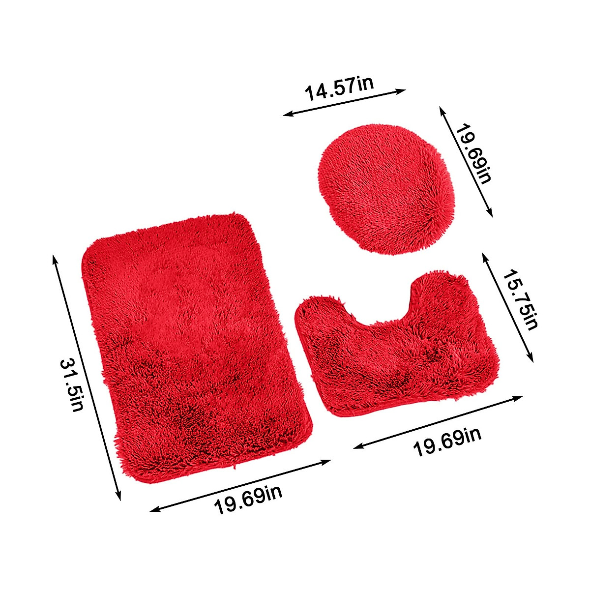 Bathroom Rugs Sets 3 Piece, Velvet Memory Foam Bath Mat - Non-Slip, Machine Washable Bath Rugs - Dries Quickly, Soft Plush Anti-Slip Rectangular Bath Rug + U-Shaped Toilet MaT. (Red)