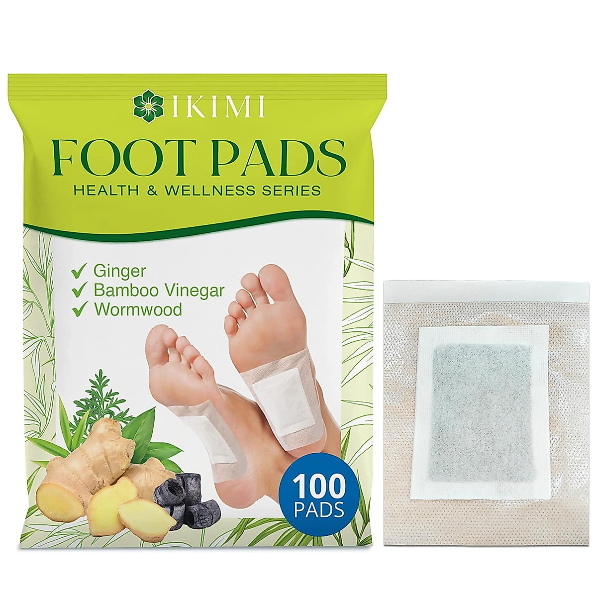 IKIMI 100 Ginger Foot Pads for Better Sleep, Stress Relief and Foot Care - Bamboo Vinegar and Wormwood Powder Patches