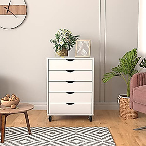 YITAHOME 5 Drawer Chest, Mobile File Cabinet with Wheels, Home Office Storage Dresser Cabinet, White