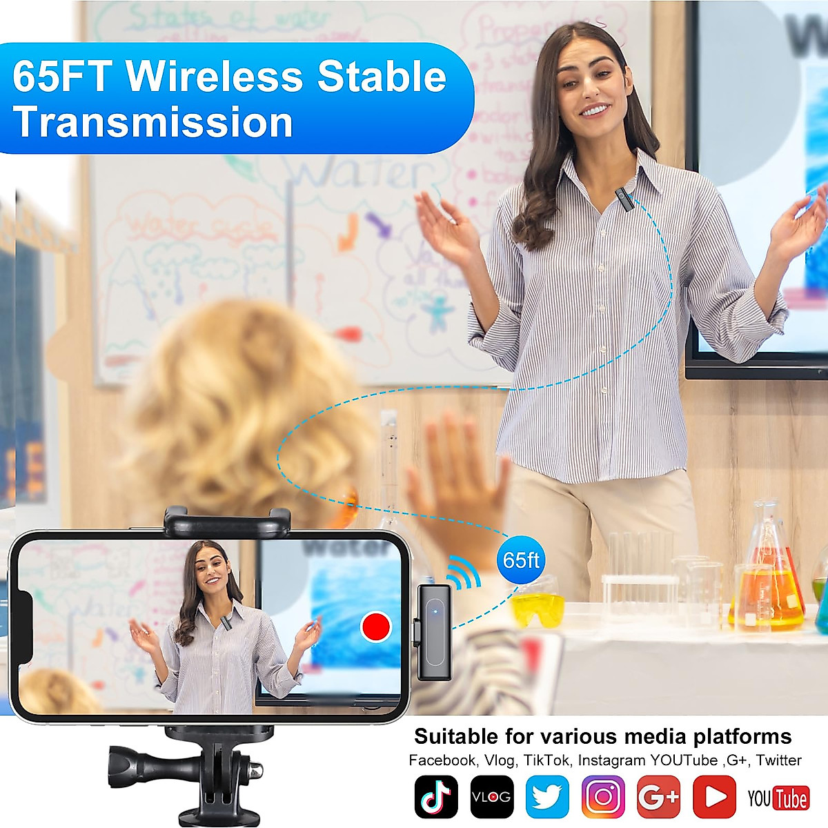 Aptkdoe Wireless Lavalier Microphone for iOS Phone/Pad, 2 Pack Lapel Clip-on Video Recording, 7H Cordless Omnidirectional Condenser Recording Mic, Plug-Play Mic Interview 2023 (M1)