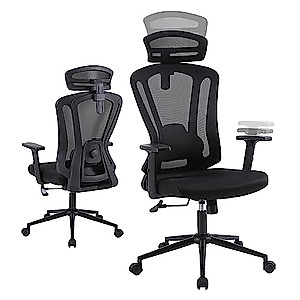 Ergonomic Home Office Chair, High Back Desk Chair with Adjustable Lumbar Support, 2D Armrest and Headrest, Black Mesh Computer Gaming Chair with Tilt Function
