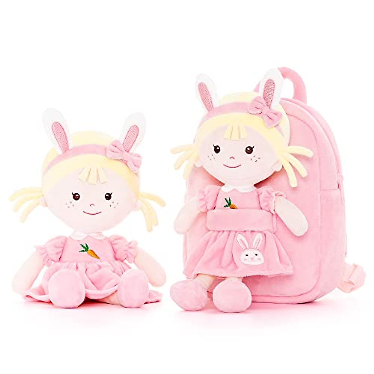 Onetoo Easter Bunny Backpack Toddler Backpack Girl Backpacks Kids Backpacks with Soft Plush Baby Dolls Bunny Pink 9.5"