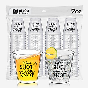 Take A Shot We Tied the Knot, 100 pcs Plastic Shot Glass, 2 oz, Wedding Party Favors, Wedding Gifts for Guests, Wedding Favors Bulk, Take Shot, Wedding Shot Glasses for Guests, Party Favors Wedding