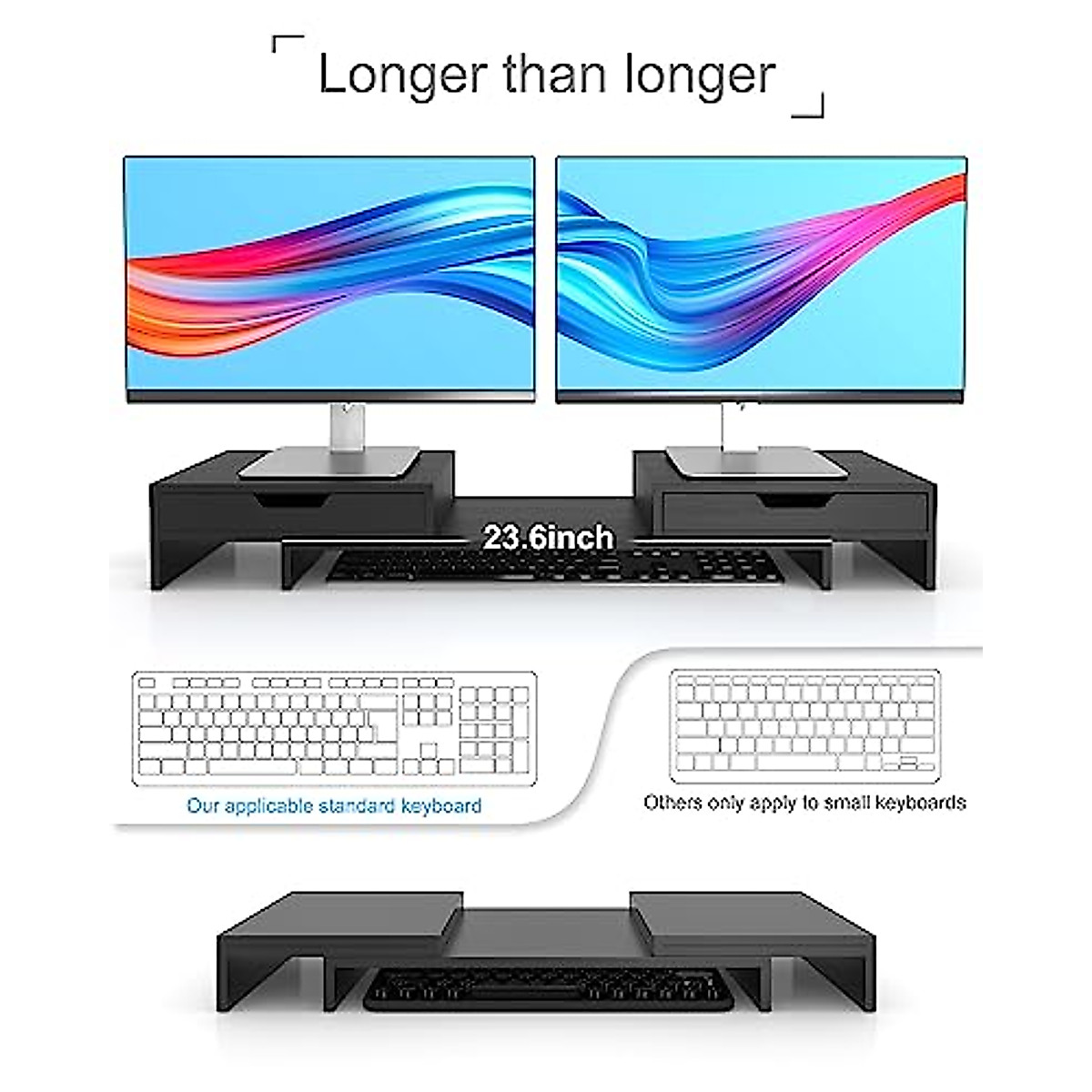 Epesoware Dual Monitor Stand Riser with Adjustable Length and Angle, Bamboo Computer Riser with 2 Extra Drawers, Desk Organizer for Laptop, Computer No Assembly Required