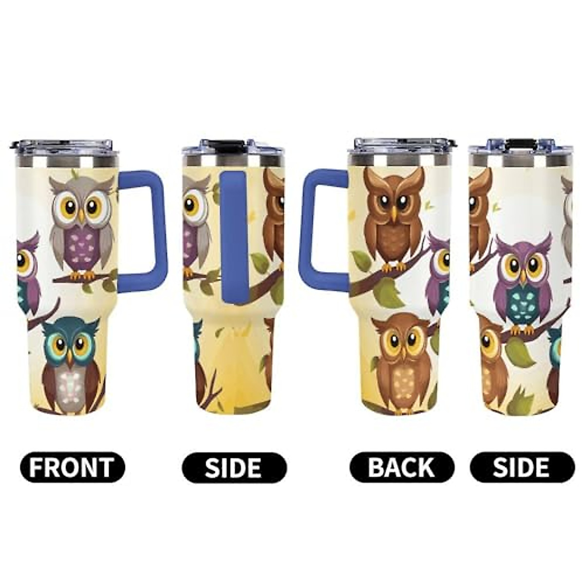 LLUTSNTH 40 Oz Vacuum Tumbler with Deep Blue Handle Leakproof Insulated Tumbler Owls Birds Stainless Steel Travel Mug with Lid And Straw Coffee Cup Cute Water Bottles Cup Holder Friendly