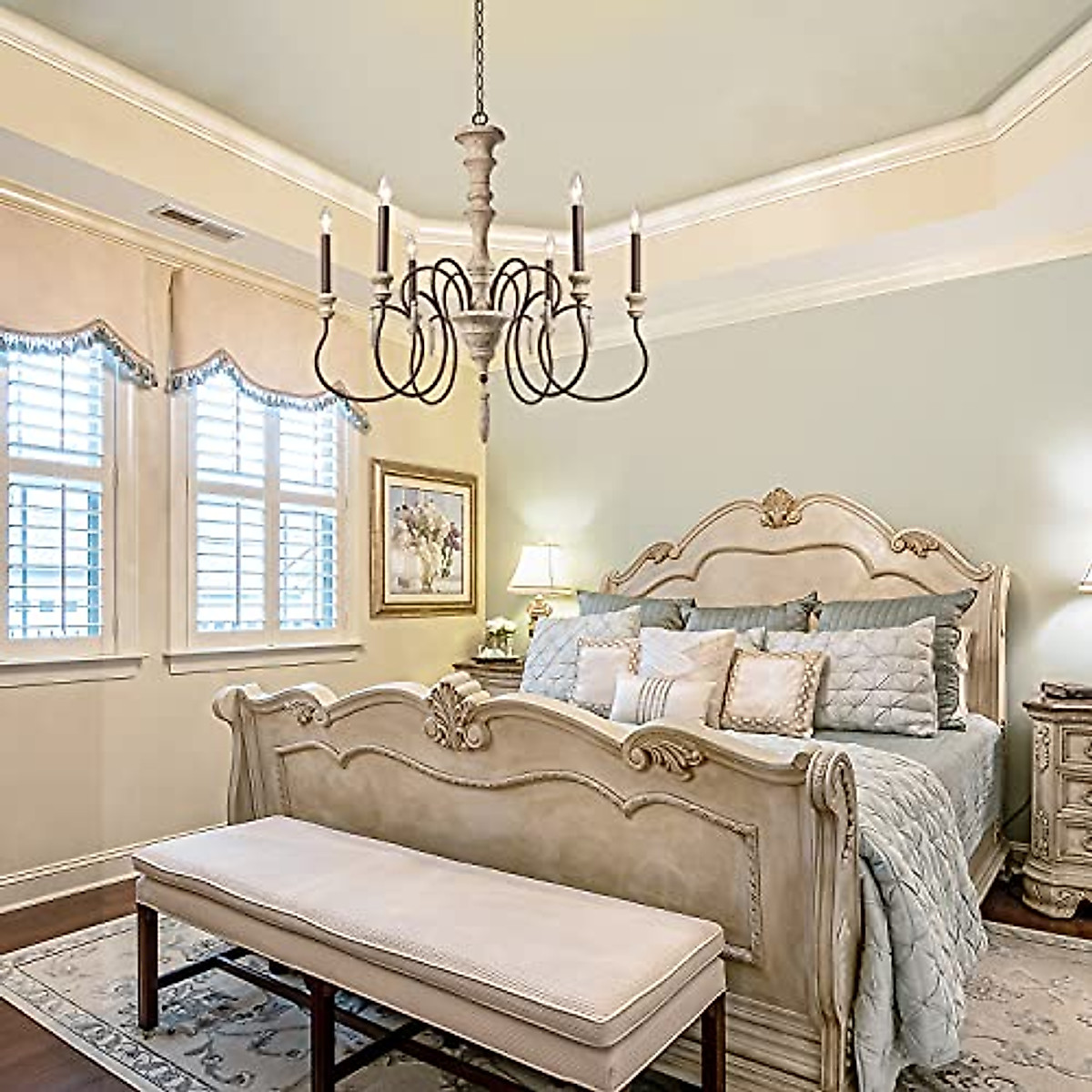 LALUZ Farmhouse Chandelier, French Country Chandelier for Dining Room, 6-Light, Handmade Distressed Wood, 31”Dia