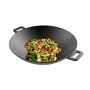 Classic Cuisine Cast Iron Wok-14” Pre-Seasoned, Flat Bottom Cookware with Handles-Compatible with Stovetop, Oven, Induction, Grill, or Campfire, (82-KIT1088)