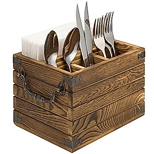 MyGift Rustic Burnt Wood Dining Utensil Holder for Kitchen Counter, Flatware Serving and Napkin Holder Caddy with Antique Metal Wraps and Handles