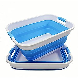 SAMMART 41L(10.8 Gallon) Collapsible Plastic Laundry Basket-Foldable Pop Up Storage Container-Portable Washing Tub-Space Saving Hamper/Basket, Water Capacity: 32L (8.4 Gallon) (2, White/Marine Blue)
