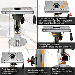 POROHOM Aluminum Adjustable Height Locking Boat Seat Pedestal with Slide，Boat Chair Base with height adjustable from 13 inches to 19 inches, silvery