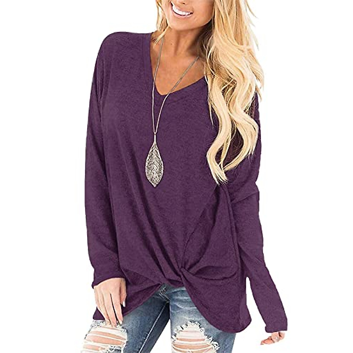 SimpleFun Twist Knot Tunic Tops for Women Petite Long Sleeve V Neck Loose Fitting Tshirts Purple S