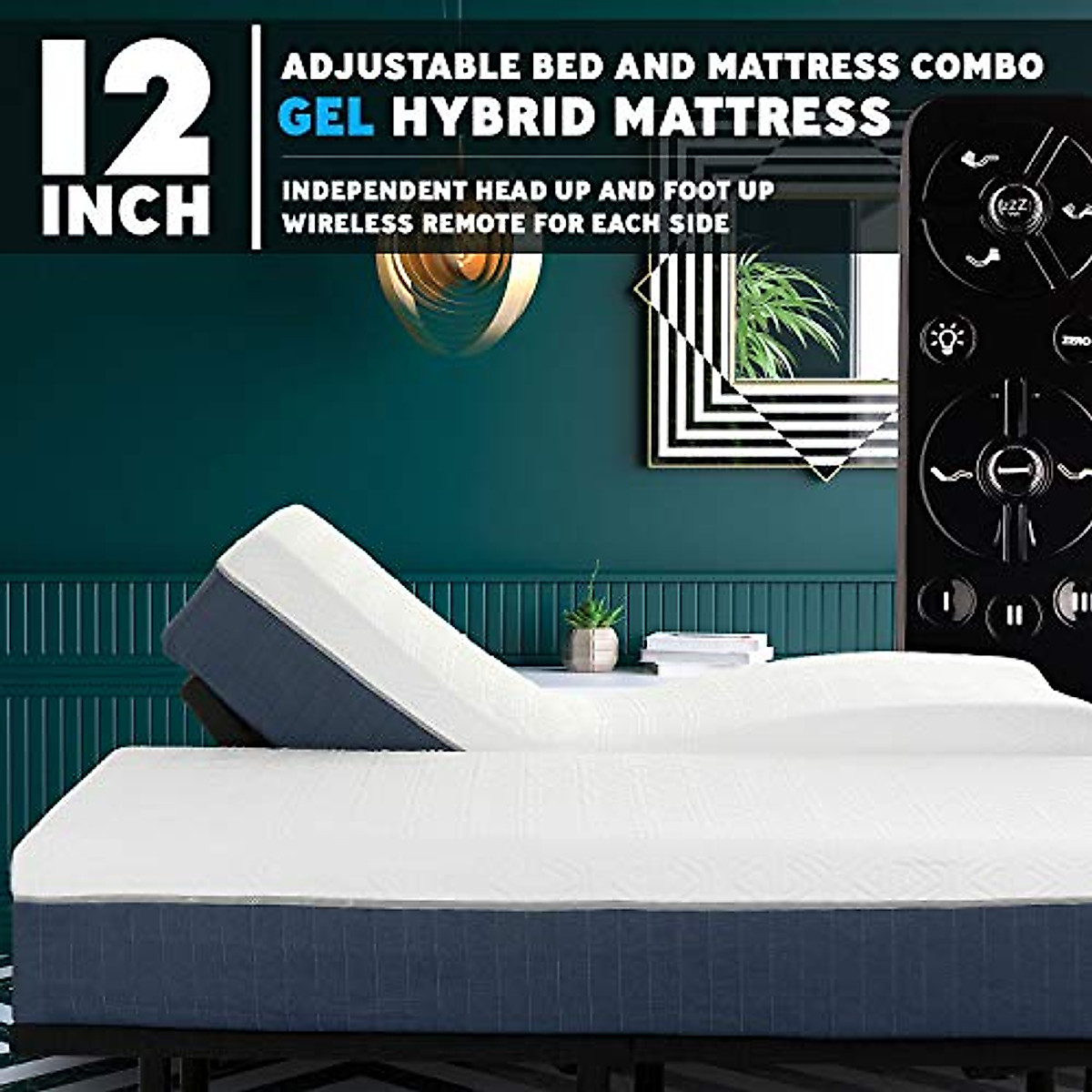 Blissful Nights Premium Adjustable Bed Frame and 12 Inch Hybrid Gel Infused Memory Foam Mattress Medium Soft Feel CertiPUR-US Certified (Split King)