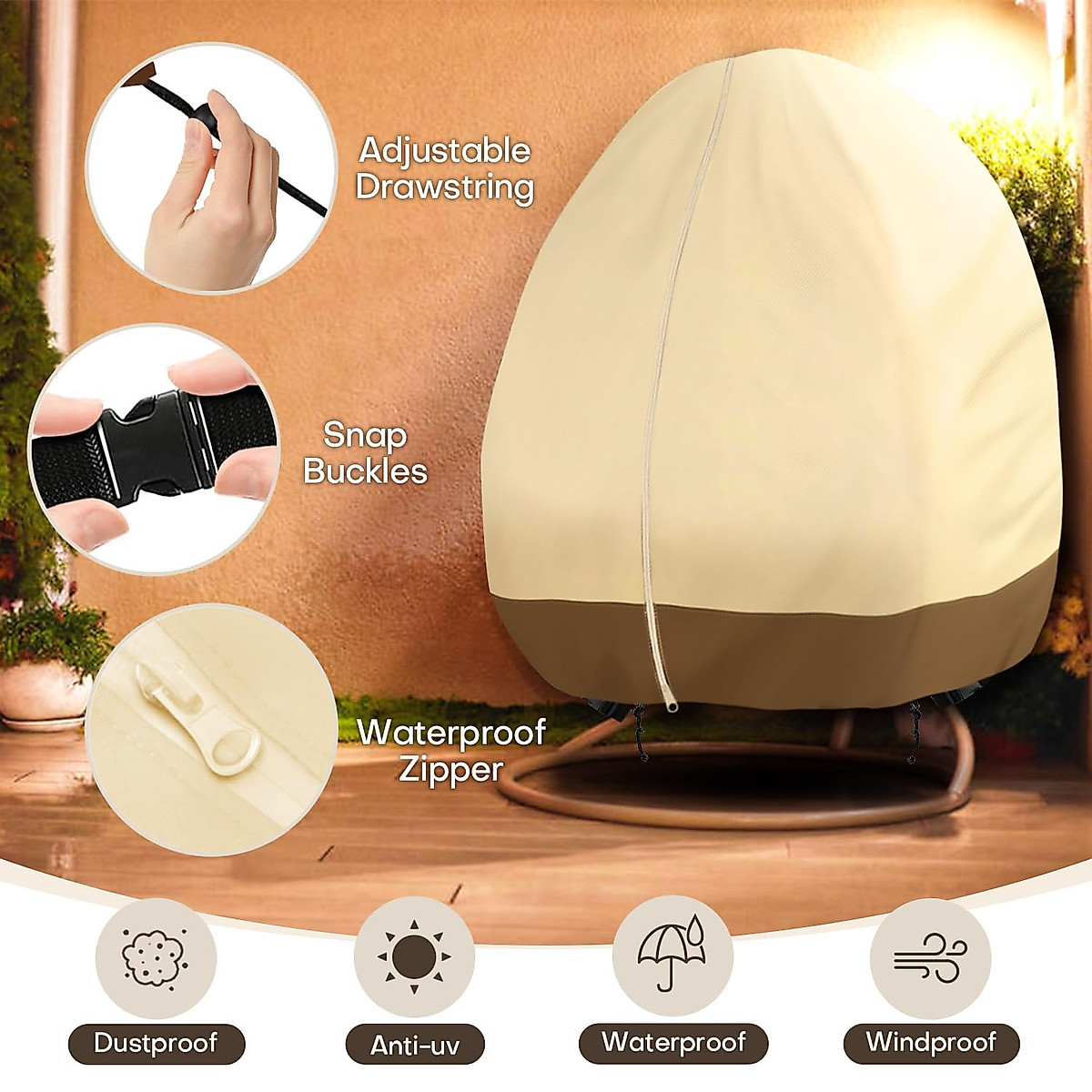 Egg Chair Cover Double - 91x87 Inch Large Patio Hanging Egg Chair Cover 420D Oxford Durable Waterproof Outdoor Chair Cover for Porch Wicker Egg Swing with Zipper Windproof Hanging Chair Cover