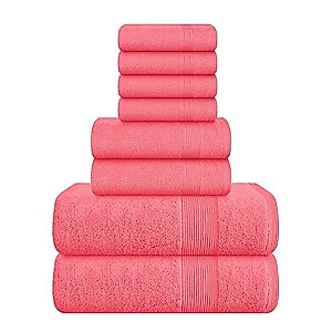 Belizzi Home 8 Piece Towel Set 100% Ring Spun Cotton, 2 Bath Towels 27x54, 2 Hand Towels 16x28 and 4 Washcloths 13x13 - Ultra Soft Highly Absorbent Machine Washable Hotel Spa Quality - Coral Orange