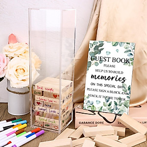 CosCosX 86 Pcs Wedding Guest Book Alternative Wooden Block in Acrylic Storage Box Guest Book for Wedding Sign in,24 Pcs Signature Pens Wedding Bridal Baby Shower Game Decorations for Sign in,Reception