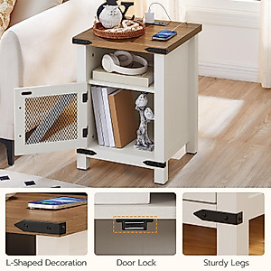 HOOBRO Farmhouse Nightstand with Charging Station, 18“ End Table with Barn Door Storage Space, Wooden Side Table with Outlets and USB Ports, Night Stand for Bedroom, Office, Antique White WH175UBZ01