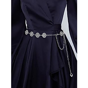 ELABEST Vintage Waist Chain Belt Silver Waistband Adjustable Carved Concho Belly Chain Body Jewelry Accessories for Women Jeans Dresses (Silver)