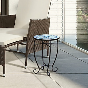 Teamson Home 14 Inch Round Small Outdoor Patio Weather Resistant Planter Stand with Iron Frame, Curved Legs and Ceramic Mosaic Surface, Blue