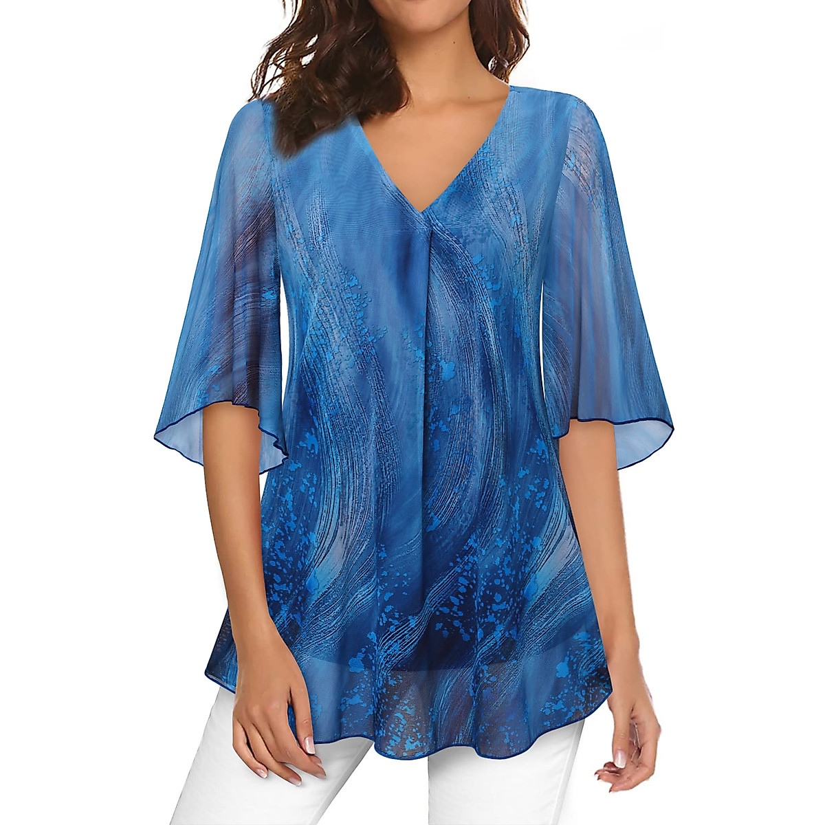 Bebonnie Womens 3/4 Sleeve Tops and Blouses Fashion 2023 Bell Sleeve Polyester Tunic Tops Loose Fit Chiffon Blouses Business Casual Formal Tops for Women Elegant Evening Wear Starry Blue M