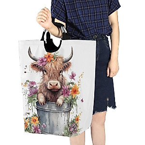 Highland Cow Large Laundry Hamper Basket Foldable Funny Tote Bag Laundry Hamper Clothes Storage Bucket Toy Organizer for Laundry, Bathroom, Home Decor