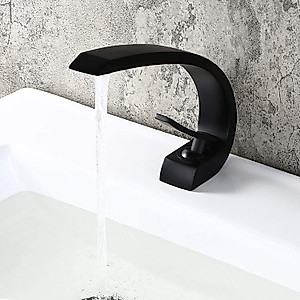 Homary Matte Black 1-Handle Sink Faucet for Bathroom with Pop Up Sink Drain Curved Spout Lavatory 1-Hole Deck Mount, Solid Brass