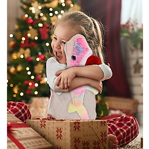 DolliBu Santa Rainbow Shark Stuffed Animal Plush Toy - Super Soft Wild Animal Dress Up with Red Santa Claus Hat, Cute Wildlife Gift, Perfect Holiday with Name Personalization - 14 Inch