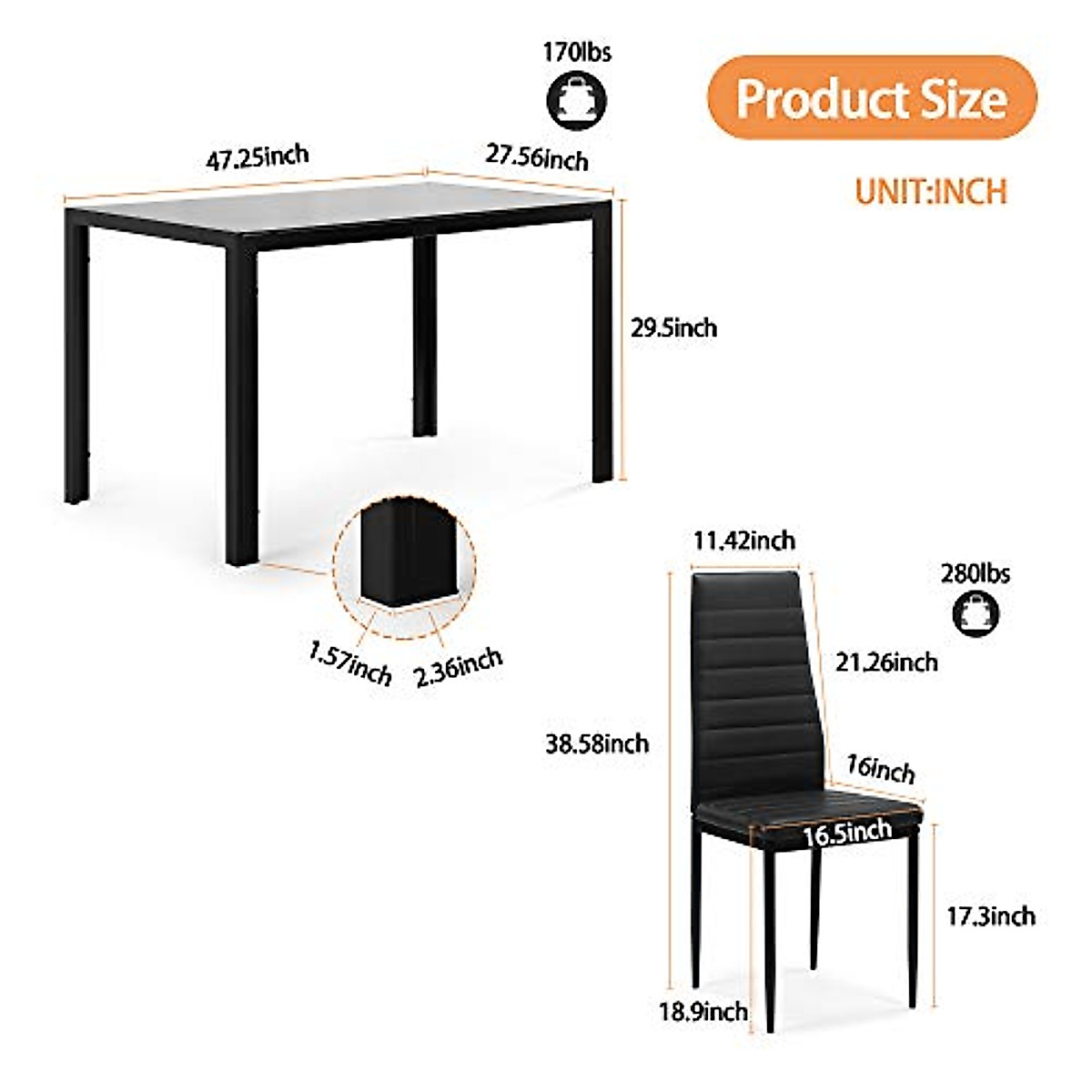 IANIYA Dining Room Table，Kitchen Table, Square Glass Kitchen Table with 4 Chair Black