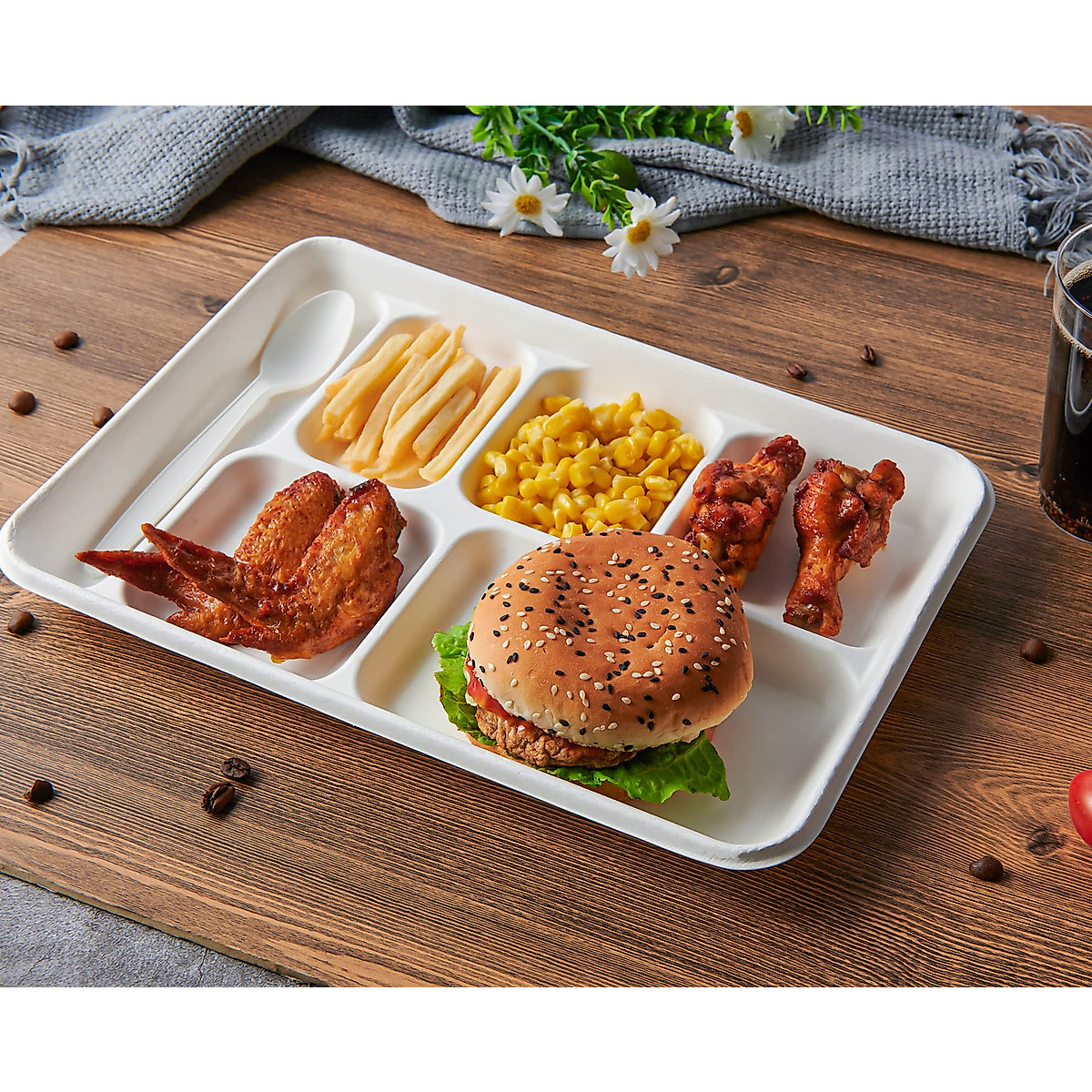 Vplus 100% Compostable 6 Compartment Plates, 90 Pack Compartment Paper Plate, 12.5x8.6 inch Disposable School Lunch Trays, Eco-Friendly Bagasse Plates for School Lunch, Buffet, and Party