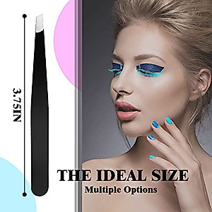 FIVETAS Stainless Steel Tweezers for Eyebrows-Slant Tweezer with Case for Women&Man,Great Precision on Brow,Facial Hair and Ingrown Hair Removal(Black)
