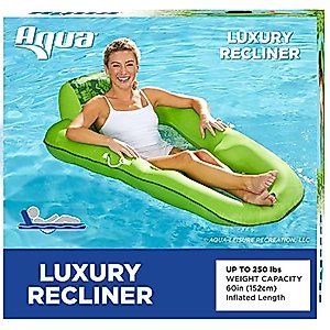Aqua LEISURE Luxury Water Lounge, X-Large, Inflatable Pool Float with Headrest, Backrest & Footrest, Lime Floral Trip Print, (L x W): 63 x 36