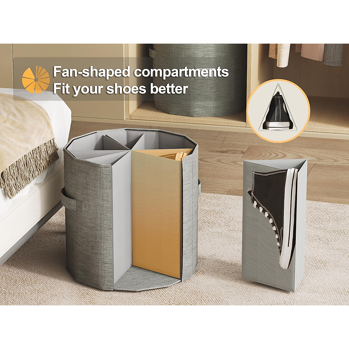 Vailando Shoe Organizer for Closet - Cylindrical Shoe Storage Organizer with Adjustable Dividers for Closet, Foldable, Gray, 2-Pack