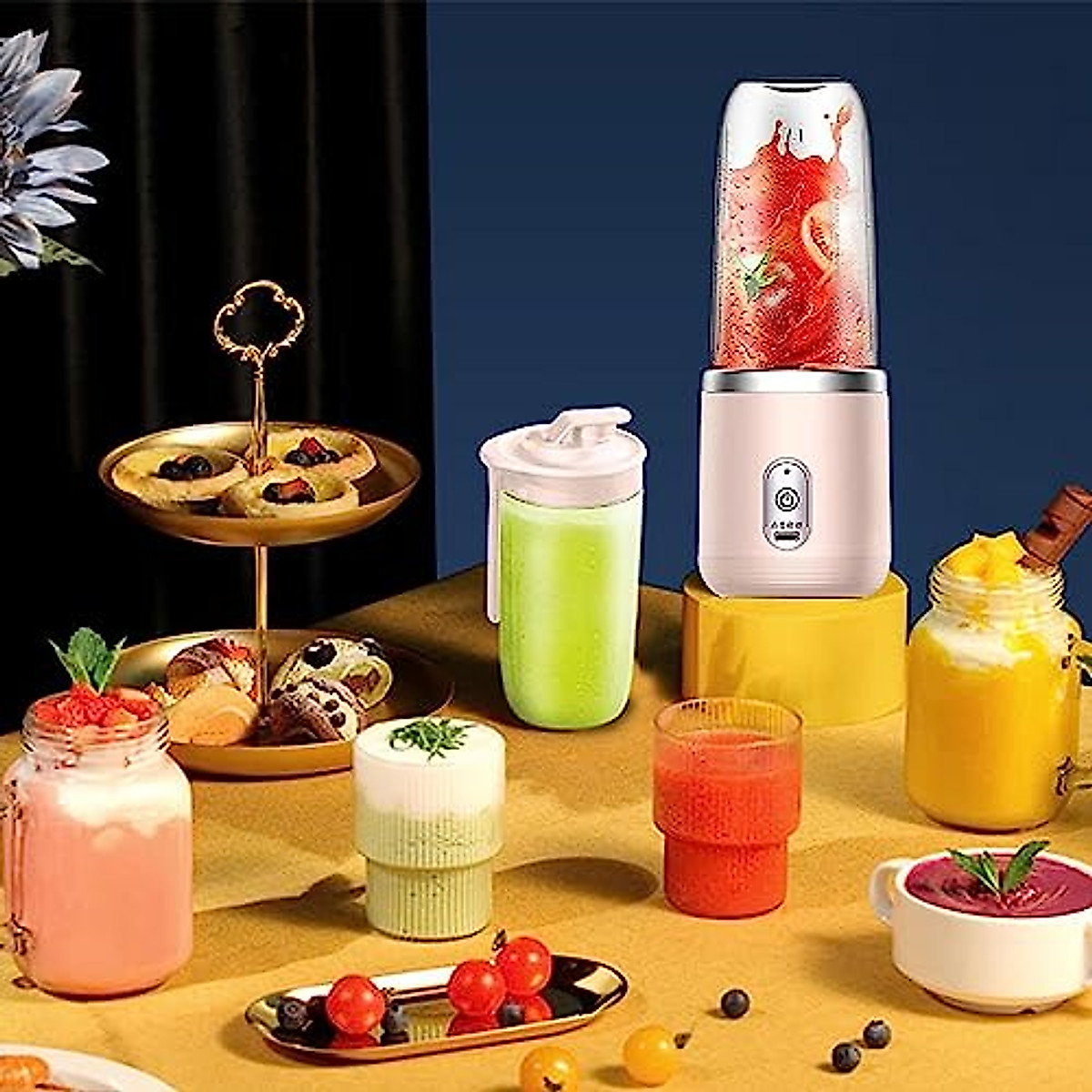 Portable Blender Cup, Electric Blender With Shake & Smoothie Bottle, Personal Juicer USB Rechargeable, 6 Blades Hand Blende (Color : Pink)