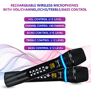 ZERFUN Rechargeable Wireless Microphones Dual, UHF Metal Cordless Mic System Professional Handheld for Karaoke Singing Church Events with Echo Treble BASS VOL Channel Control 1/4 Output (WM-2)