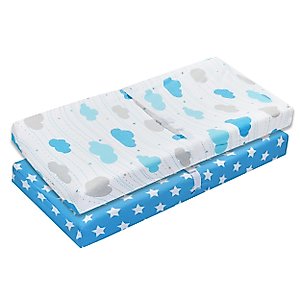 EVERYDAY KIDS 2 Pack Baby Changing Pad Covers for Baby Boy – Fits Most Changing Table Pads; 100% Cotton Jersey Knit, Breathable, Soft Changing Table Topper - Blue, White Stars + Blue, Gray Clouds