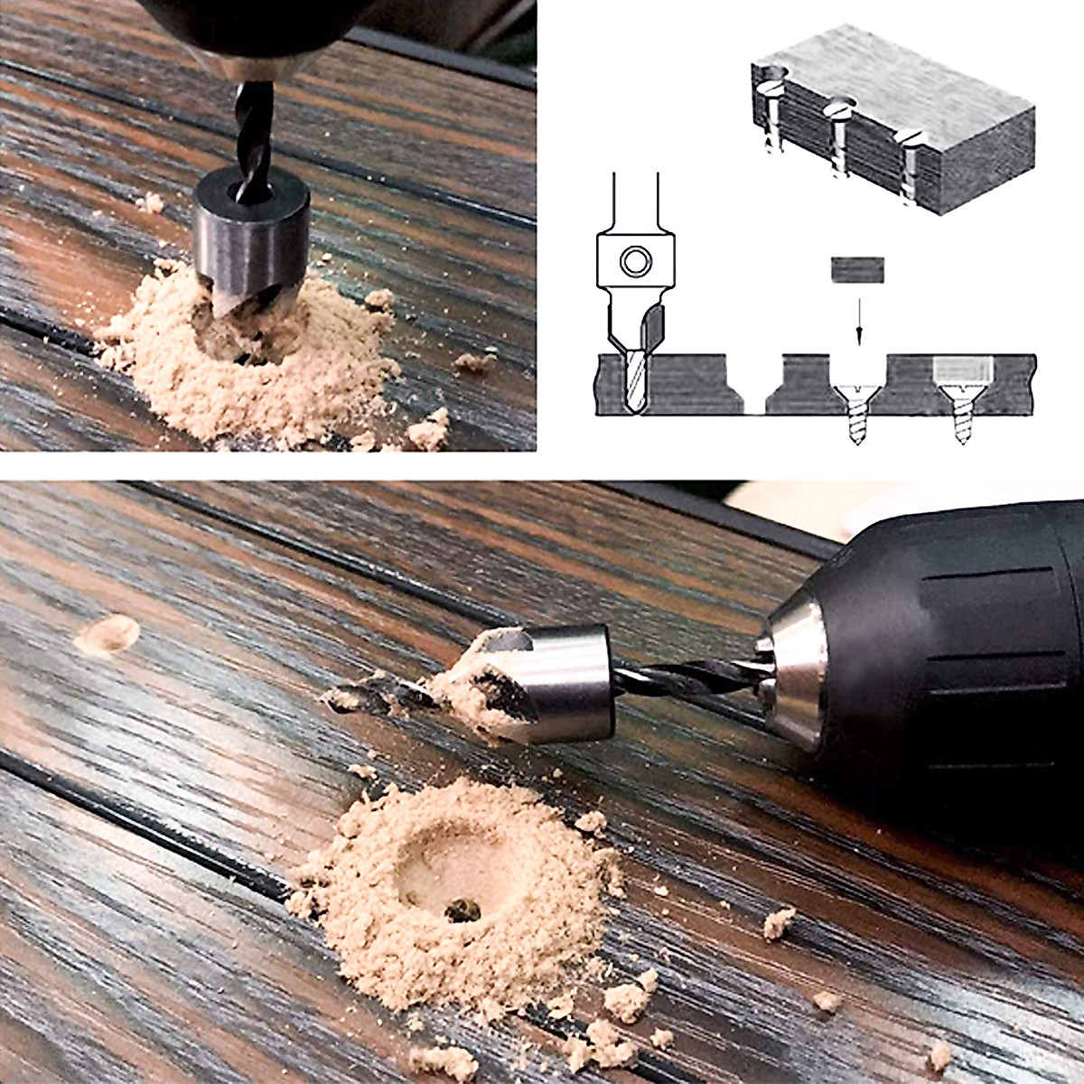 KEWAYO Countersink Drill Bits Set - 7Pcs High-Speed Steel Counter Sink Bits for Woodworking Carpentry, Includes 1 Free Hex Key Wrench