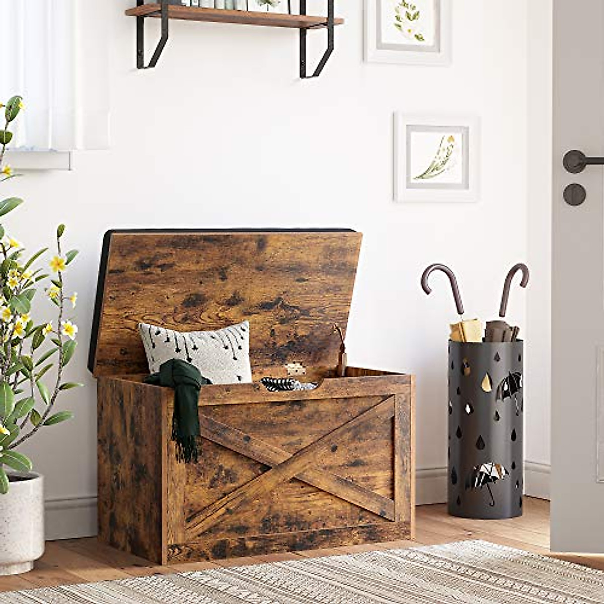 VASAGLE Padded Shoe Bench with Cushioned Seat, Storage Chest Cabinet, Barn-Door Style, 15.7 x 29.9 x 18.9 Inches, Rustic Brown