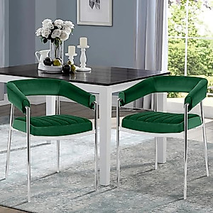 Bekrvio Velvet Arm Dining Chairs Kitchen Dining Room Chairs with Armrest, Mid Century Modern Living Room Armchair Accent Chairs Upholstered Kitchen Chairs with Metal Chrome Legs, Green