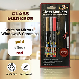 Parker & Bailey Glass Markers - Metallic Markers Wine Glass Markers Washable Wine Markers for Window Mirror Ceramics Drink Glasses Bottles Non-Toxic Glass Pens Gold Silver Red Markers - 3 Pack