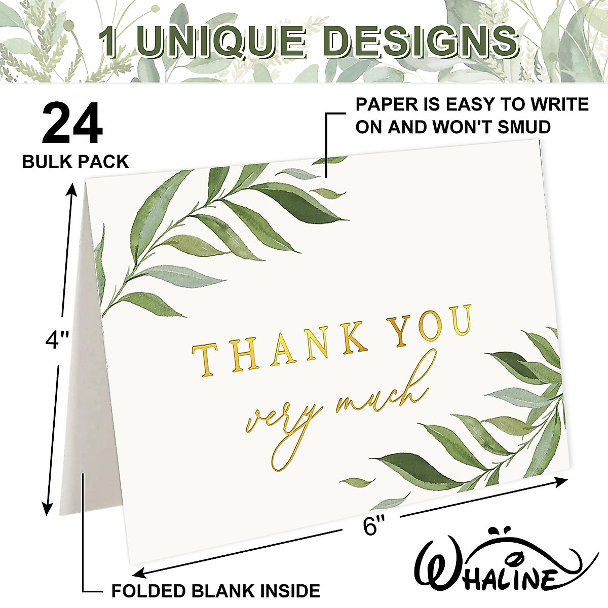 Whaline 24 Sets Greenery Thank You Cards Gold Foil Thank You Greeting Cards Watercolor Green Leaf Blank Note Cards with Envelopes Stickers for Bridal Baby Shower Wedding Birthday Party, 4 x 6 Inch