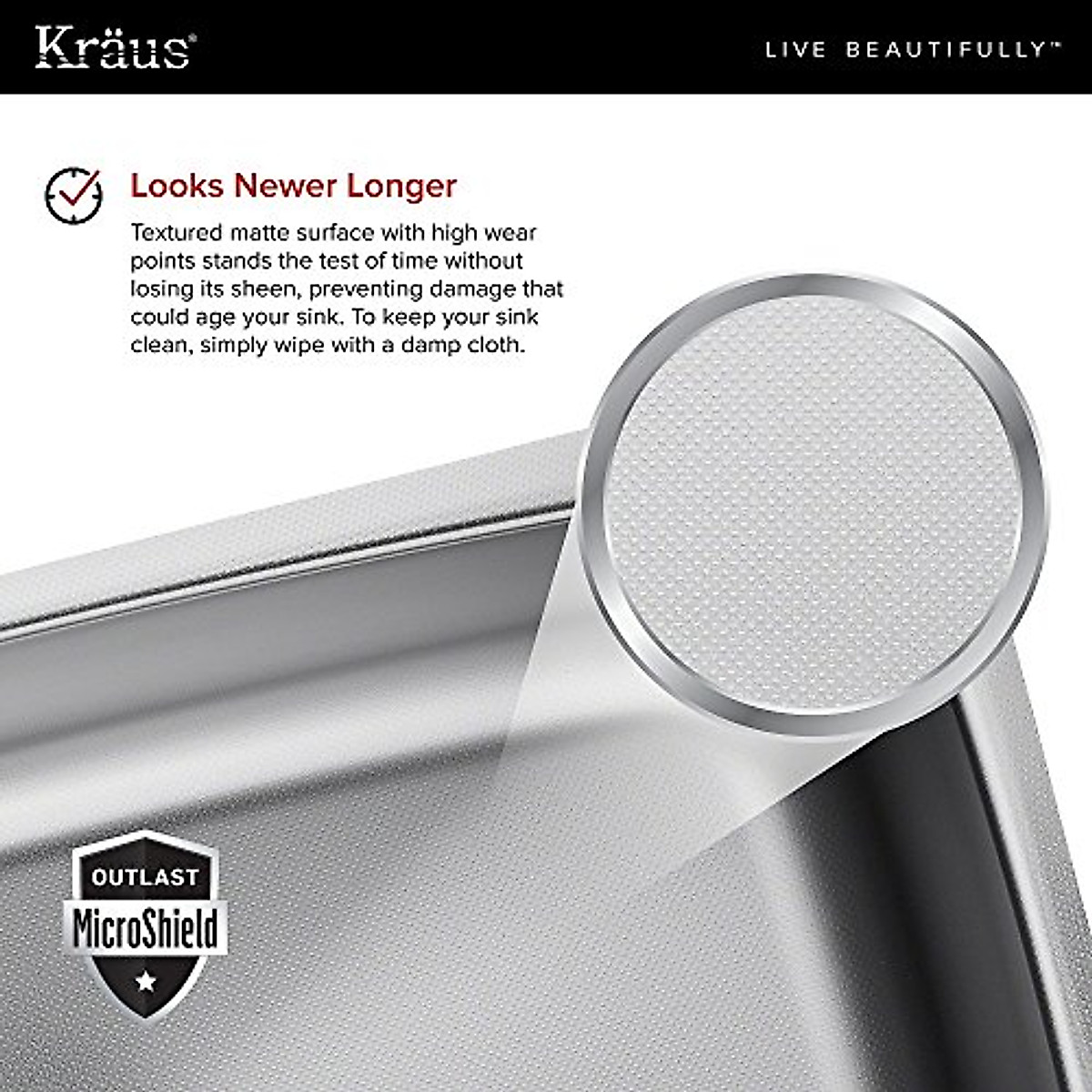 Kraus KBU14E Outlast MicroShield Scratch-Resist Stainless Steel Undermount Single Bowl Sink, 31.5" 16 Gauge, Premier Series