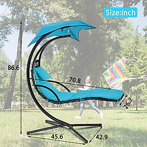 Dkelincs Hanging Lounge Chair, Outdoor Swinging Curved Chaise Lounge Chair with Canopy Umbrella and Pillow for Outside, Large Heavy Duty Egg Chair for Porch Patio Backyard Deck Blue