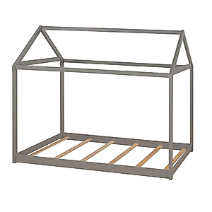 House Twin Bed Frame Wooden Platform Bed for Kids,No Box Spring Needed, Gray