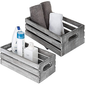MyGift Rustic Light Gray Solid Wood Decorative Storage Box with Cutout Handles, Country Style Nesting Storage Crate Bin with Open Top Pallet Design, Set of 2