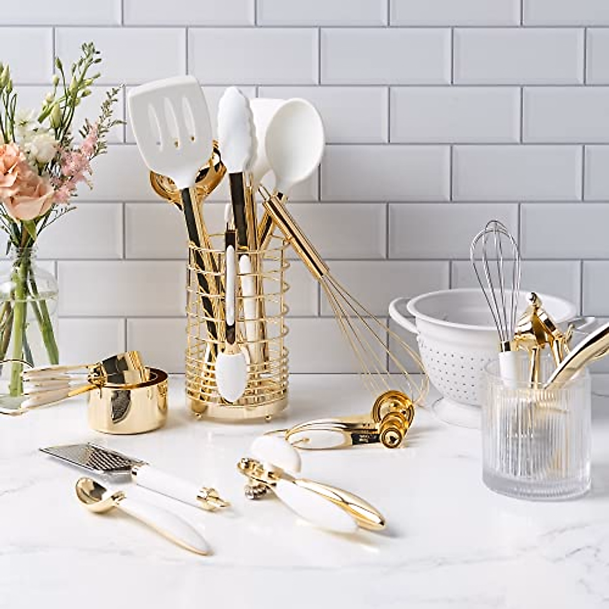 Gold Cooking Utensils with Gold Measuring Cups and Spoons Set - 23 Piece Luxe White and Gold Kitchen Accessories Include Gold Metal Measuring Cups and Spoons Set and White and Gold Kitchen Utensils