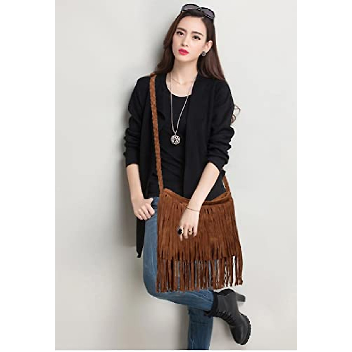 Maxzoom Womens Hippie Suede Fringe Tassel Messenger Bag Hobo Shoulder Bags Crossbody Handbag (brown)