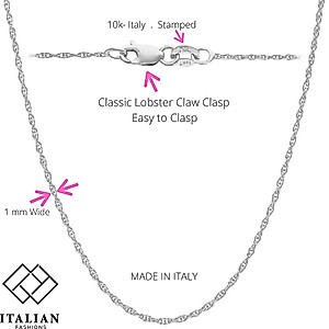 Italian Fashions 10K White Solid Gold Italian Diamond Cut 1mm Rope Chain Necklace Thin Thin Lightweight Strong With Gift Pouch (18 Inches White-Gold ITALY)