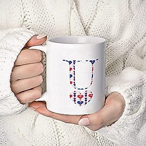 Valentine's Day Love Monogram Letter U Coffee Mug Happy Valentine's Day Mug 11oz Custom Name Novelty White Porcelain Tea Cup Love Heart Initials Letter Cup Anniversary Wedding Gift for Couple
