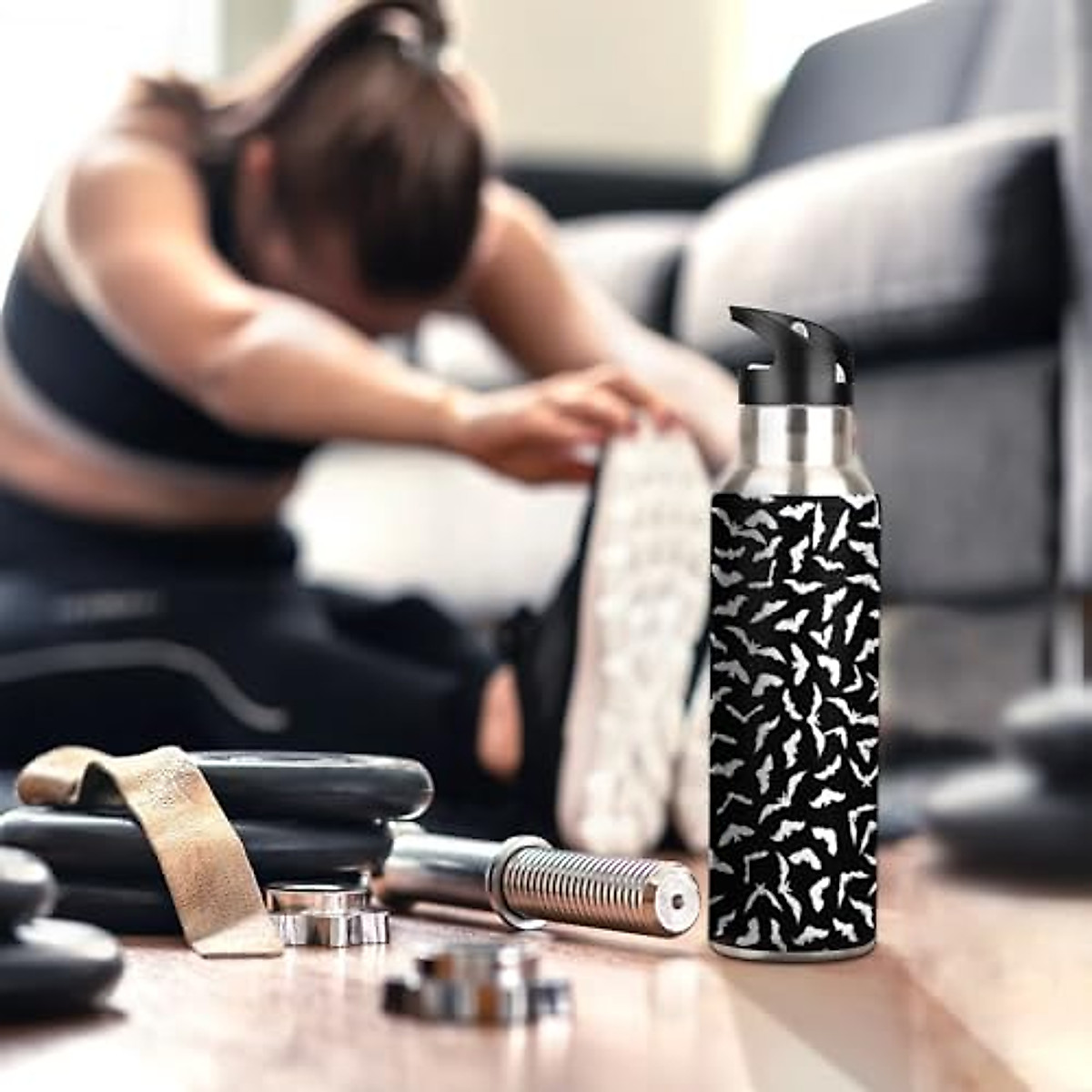 Bats Black Water Bottle 20 oz Insulated Thermos With Lid Stainless Steel Bottle Circle Sports Water Bottles Keep Hot Cold Leakproof Vacuum Water Flask