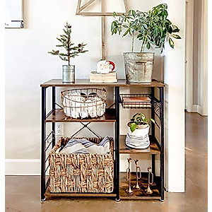 VASAGLE ALINRU Kitchen Baker’s Rack, Coffee Bar, Microwave Oven Stand, with Steel Frame, Wire Basket, 6 Hooks, 35.4", Rustic Brown