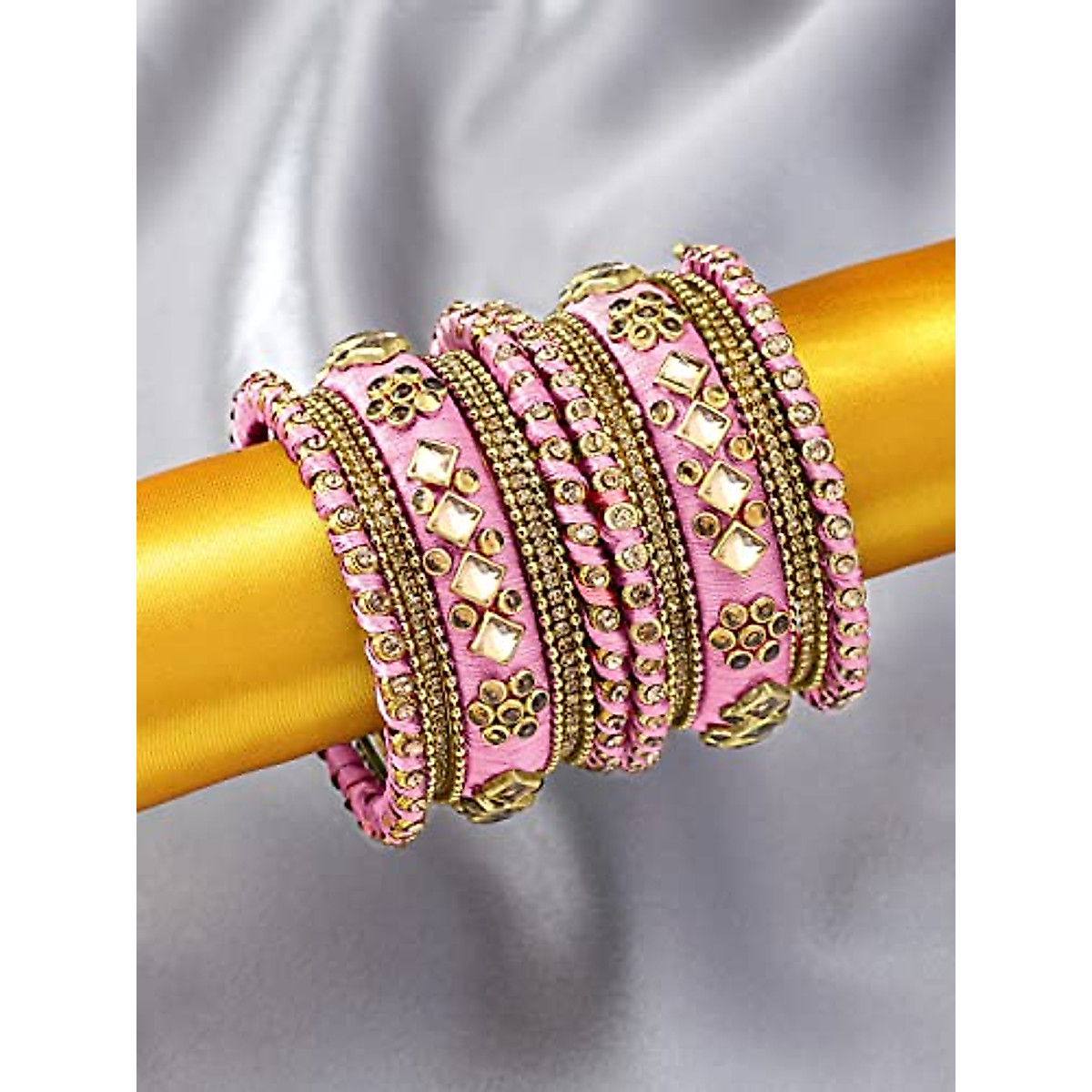 Aheli Ethnic Handmade Silk Thread Faux Stone Studded Bangle Set Chuda Indian Wedding Wear Fashion Jewelry for Women (Light Pink)